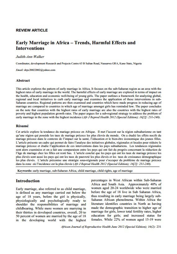 Early marriage in Africa: Trends, harmful effects and interventions ...