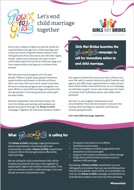 Power To Girls campaign info sheet - Girls Not Brides