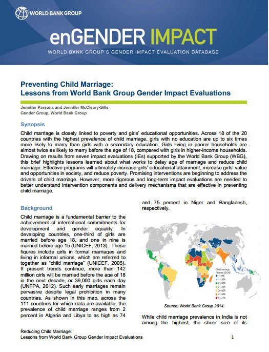 Preventing child marriage: Lessons from World Bank Group Gender Impact ...